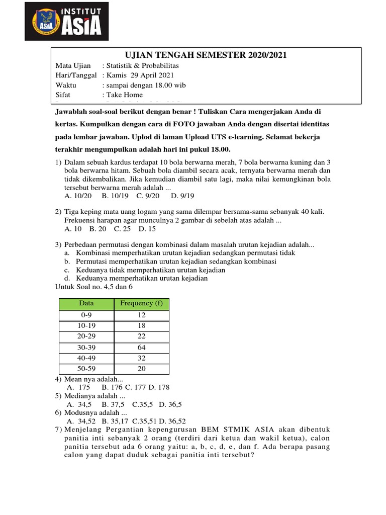 Soal UTS Statistik Probabilitas | PDF | Olahraga & Rekreasi | Metode & Bahan Ajar