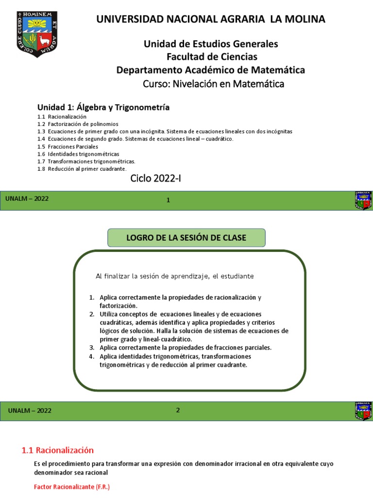 UNIDAD 1 ALGEBRA y TRIG - NIV EN MAT-2022-01 | PDF | Factorización ...