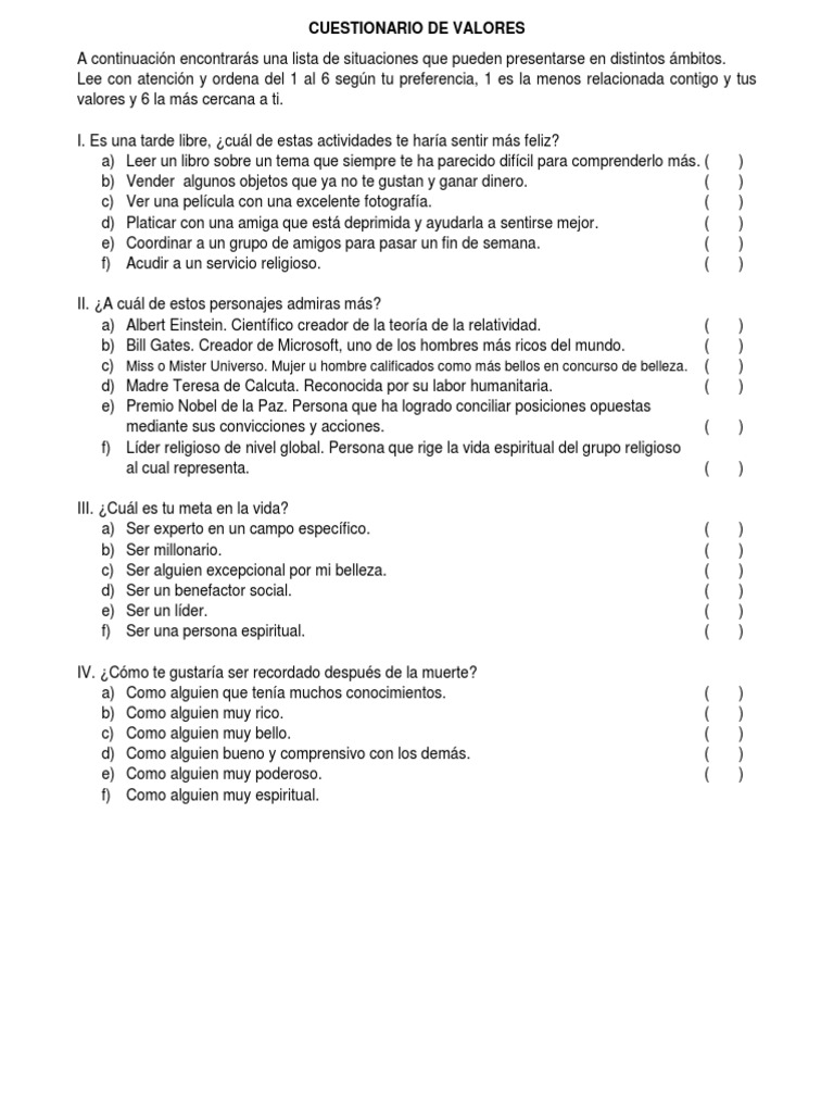CUESTIONARIO DE VALORES | PDF