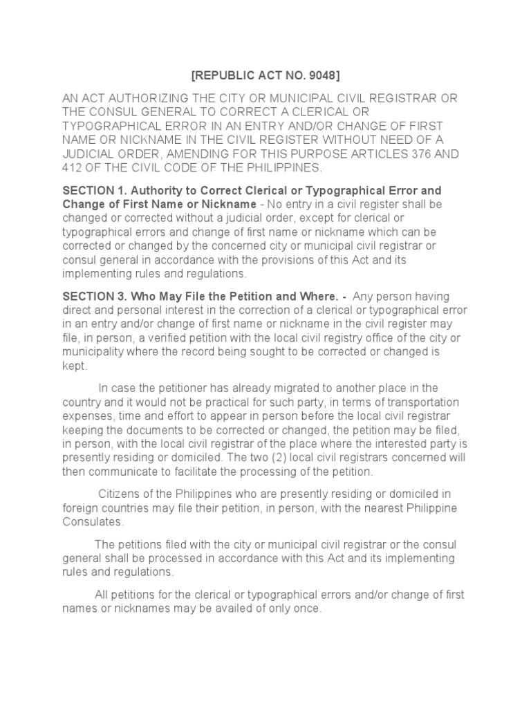 Republic Act No. 9048 | PDF | Affidavit | Justice