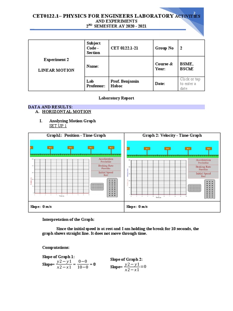 Experiment 2 Linear Motion Laboratory Report Sheet | PDF | Velocity ...
