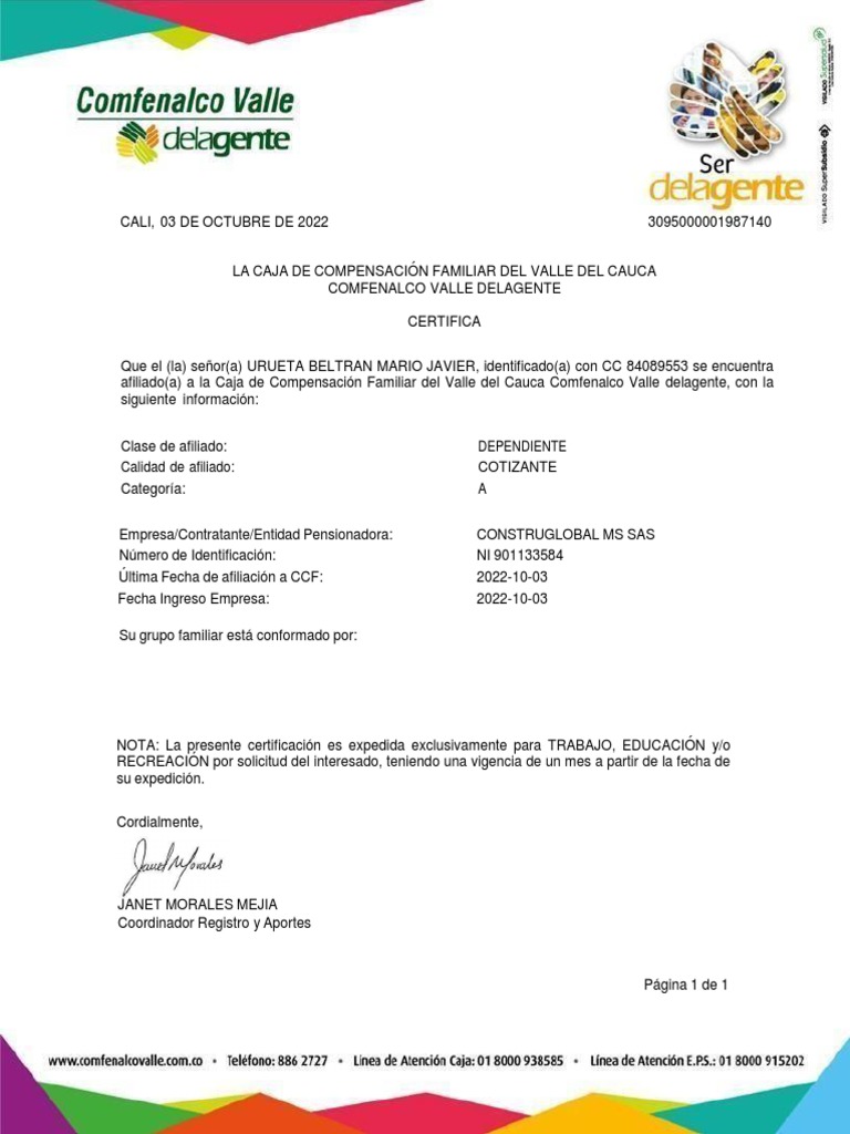 Certificación de Afiliación Comfenalco | PDF