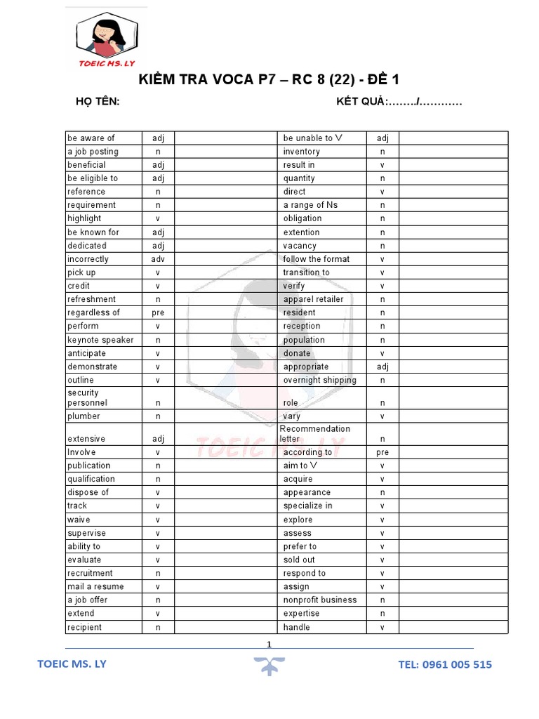 Kt Voca p7 - Rc 8 (22) - Đề 1 | PDF
