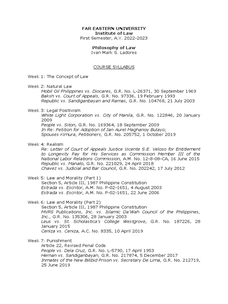 REVISED Course Syllabus Philosophy of Law AY 2022 2023 | PDF ...