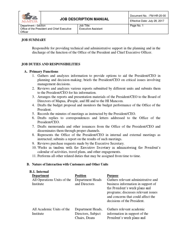 Executive Assistant - Job Description | PDF | Presidents Of The United ...