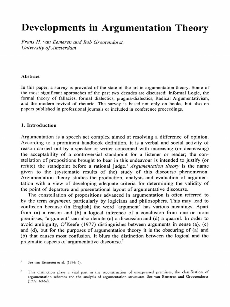 Developments in Argumentation Theory Frans H Van Eemeren | PDF