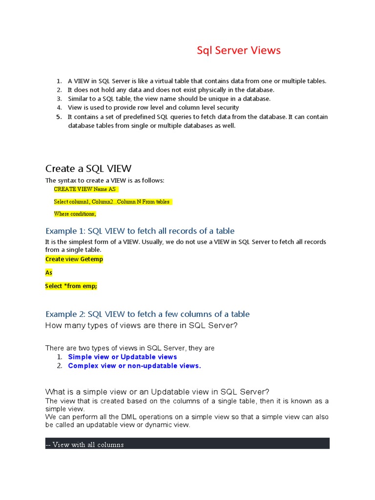 SQL Server Views | PDF | Microsoft Sql Server | Computer Programming SQL Server Views | PDF | Microsoft Sql Server | Computer Programming
