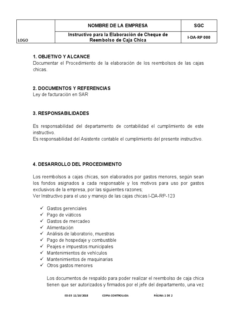 Instructivo para La Elaboracion de Cheque de Reembolso de Caja Chica ...