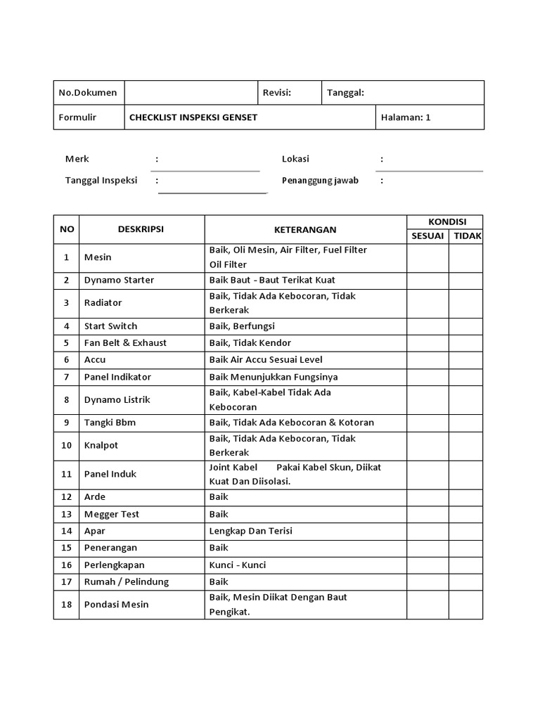Form Check List Inspeksi Genset Pdf