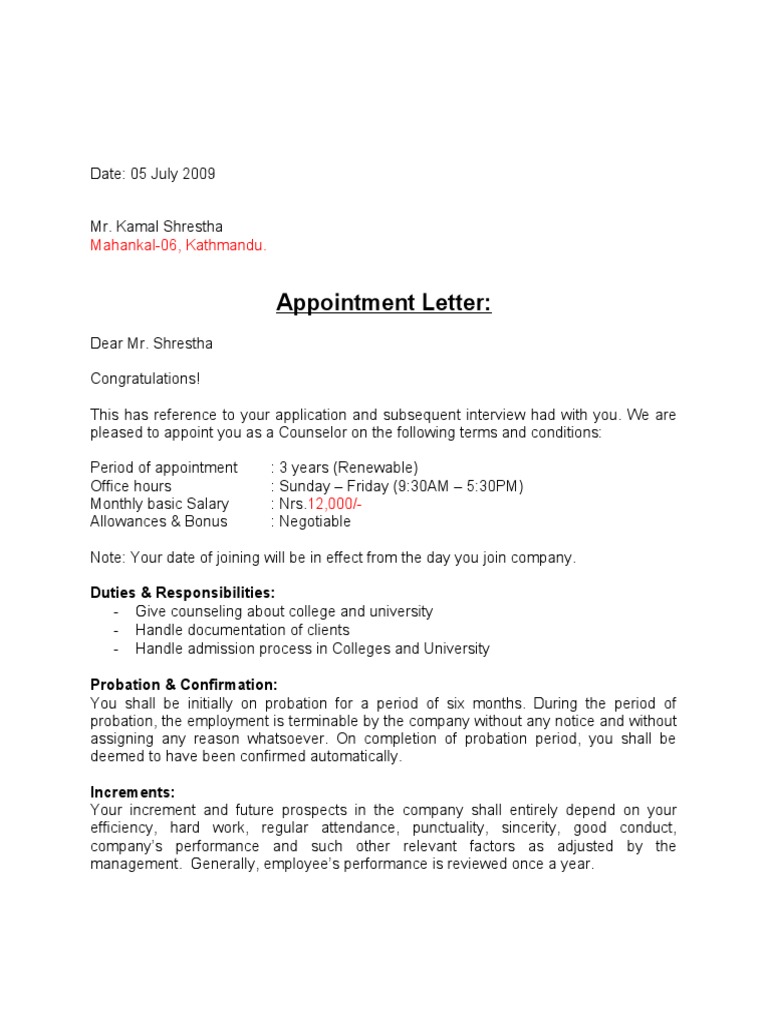 Appointment Letter for Counselor Position | PDF | Government | Business