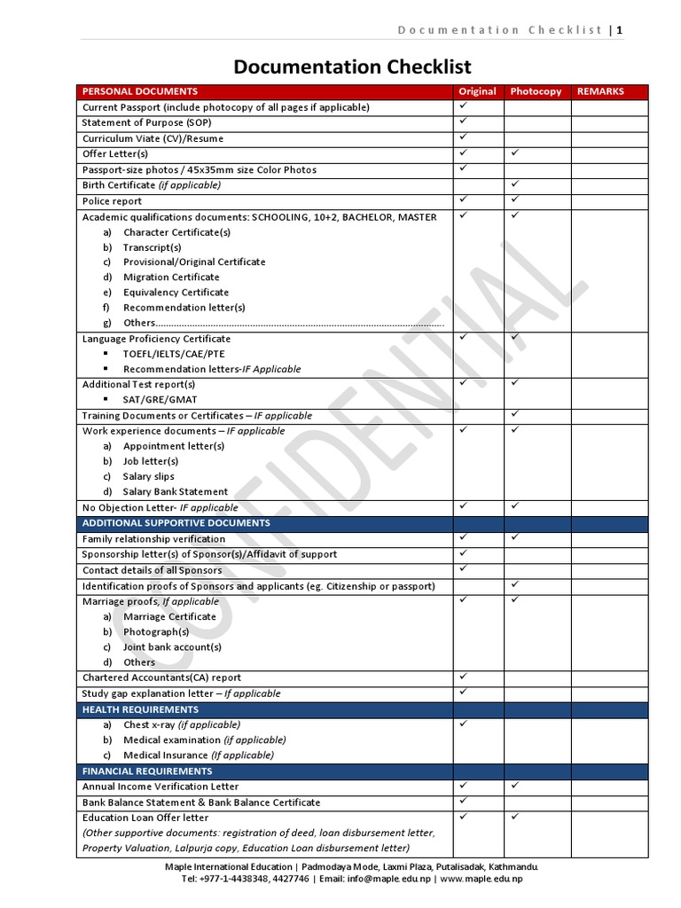 Document Checklist - Maple International Education | PDF | Pension | Banks
