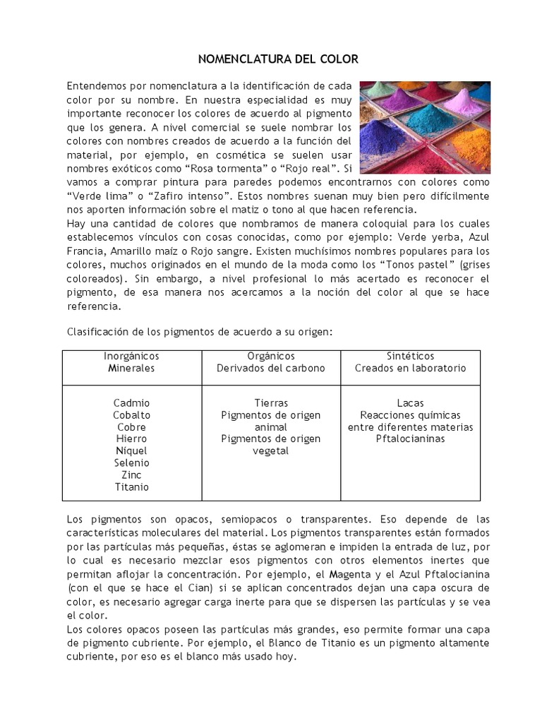 Clasificación y Nomenclatura de Pigmentos | PDF | Color | Pigmento