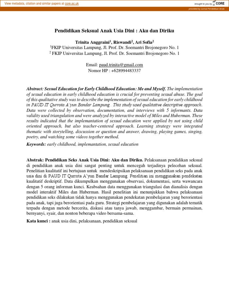 Pendidikan Seksual Anak Usia Dini: Aku Dan Diriku: Trinita Anggraini, Riswandi, Ari Sofia | PDF