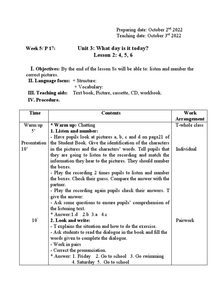 Unit 3 Lesson Plans: Teaching English Language Learners About Days of the Week | PDF | Reading ...
