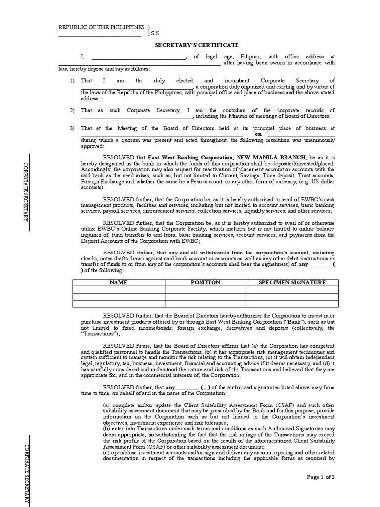Secretary Certificate Template | PDF | Banks | Cheque Secretary Certificate Template | PDF | Banks | Cheque