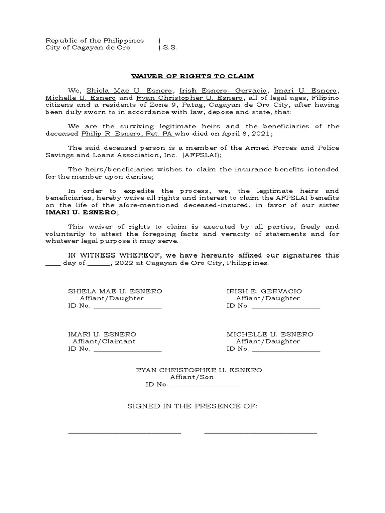 Waiver of Rights To Claim Insurance | PDF | Affidavit | Document