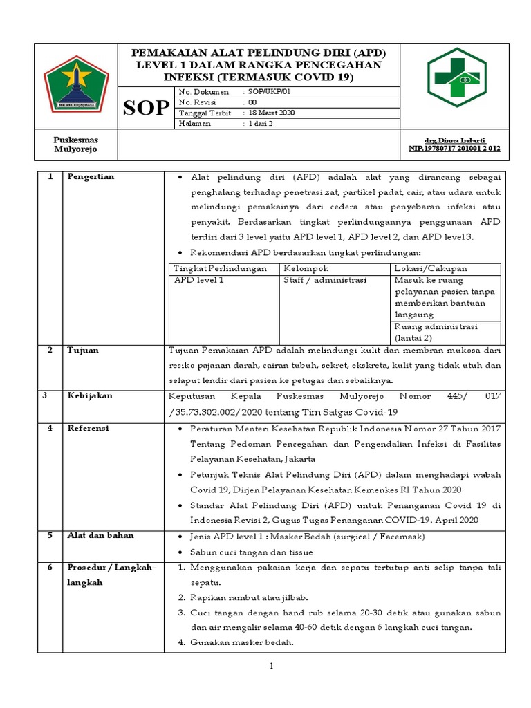 SOP Pemakaian APD Level 1 | PDF