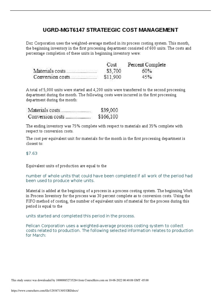Calculating Equivalent Units and Costs Under Weighted-Average Process ...