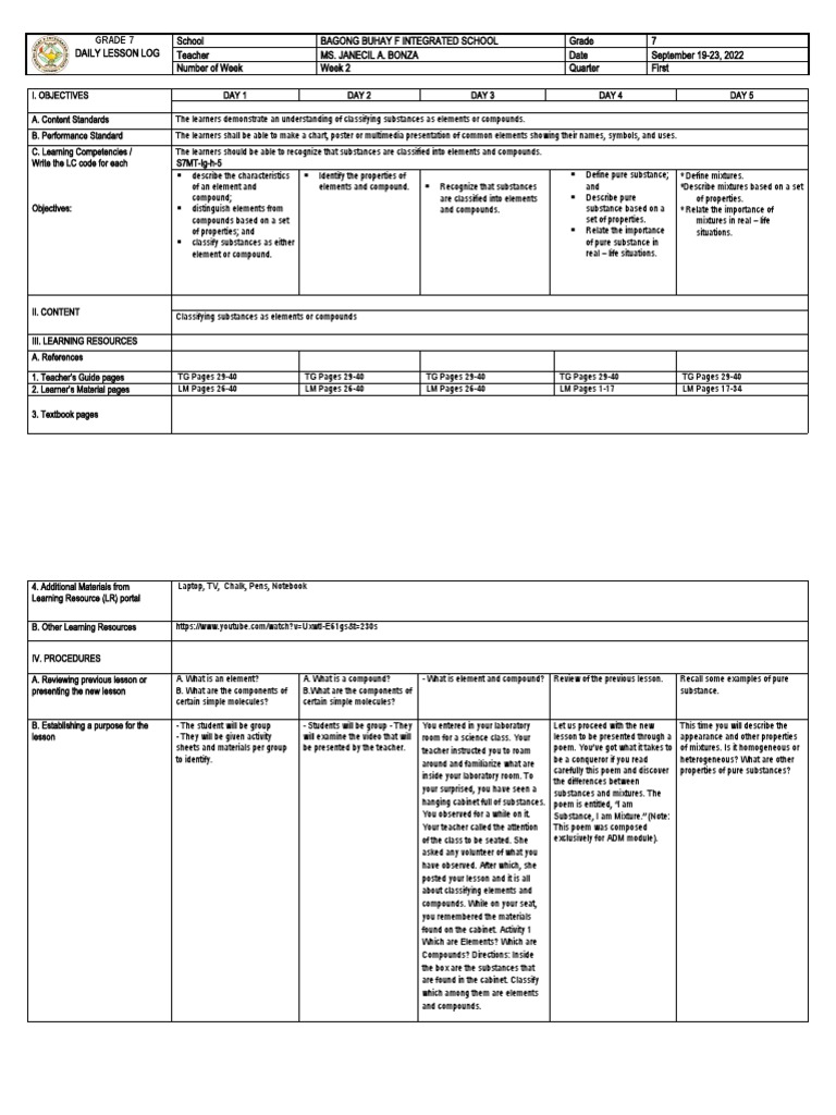 DLL Week 2-3 | PDF | Chemical Substances | Mixture