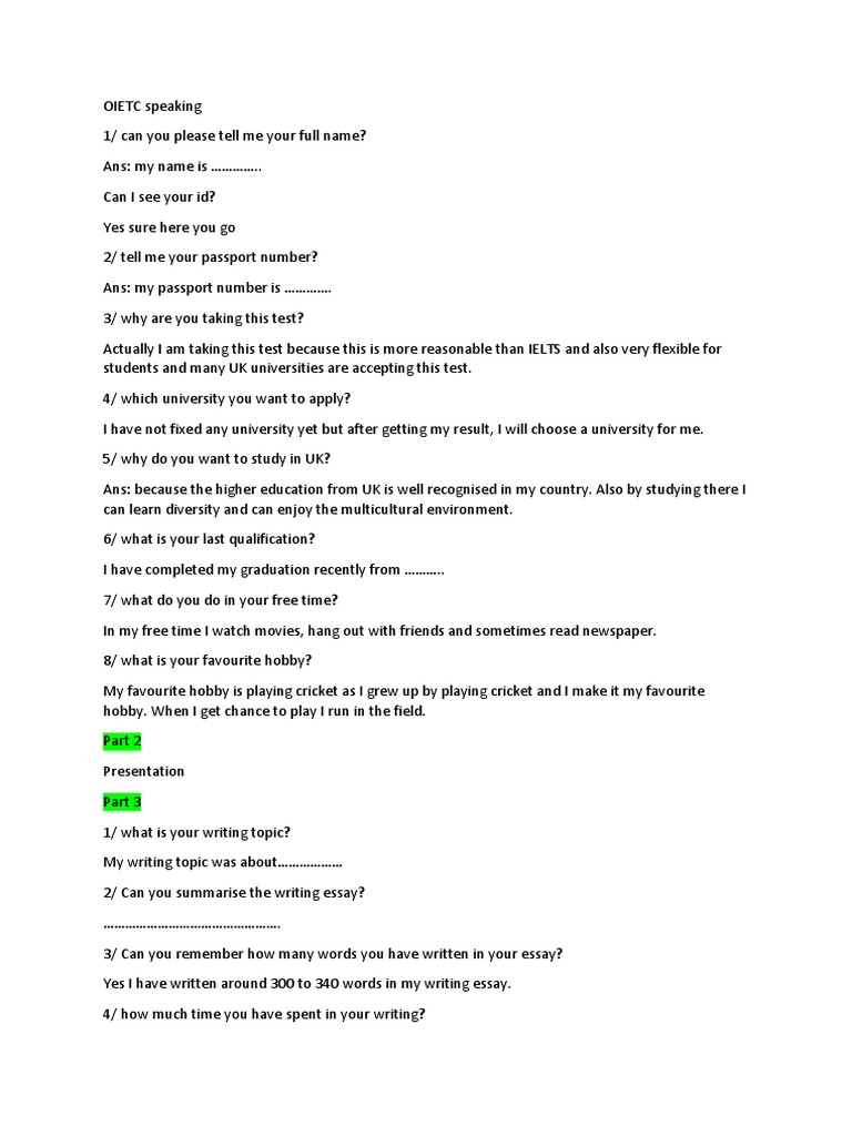 OIETC Speaking Test Overview | PDF