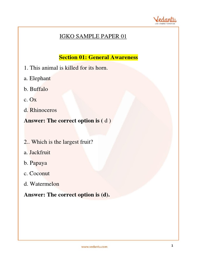 IGKO Olympiad Sample Paper 1 PDF With Answers For Class 5 | PDF