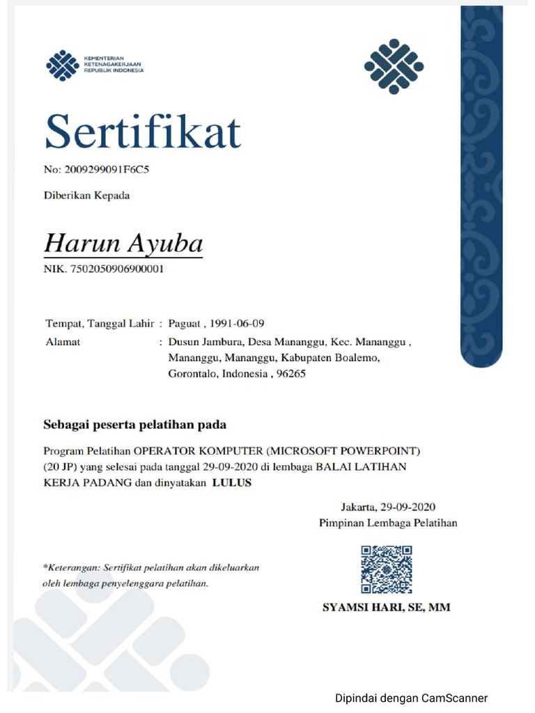 Sertifikat Operator Komputer BLK Padang | PDF