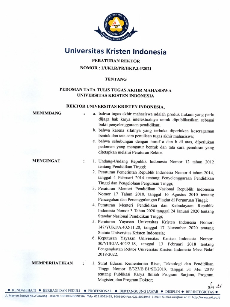Pedoman Tata Tugas Akhir Mahasiswa Universitas Kristen Indonesia | PDF