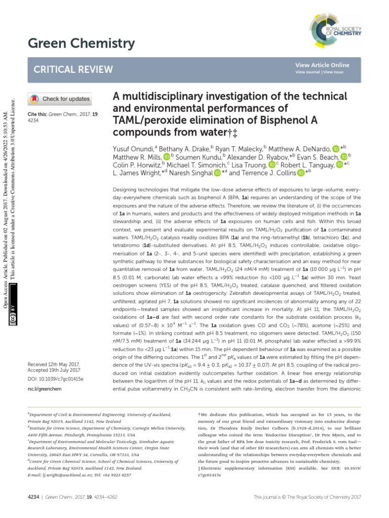 Bisphenol A Elimination by TAML+Hydrogen Peroxide - Collins 2017 | PDF ...
