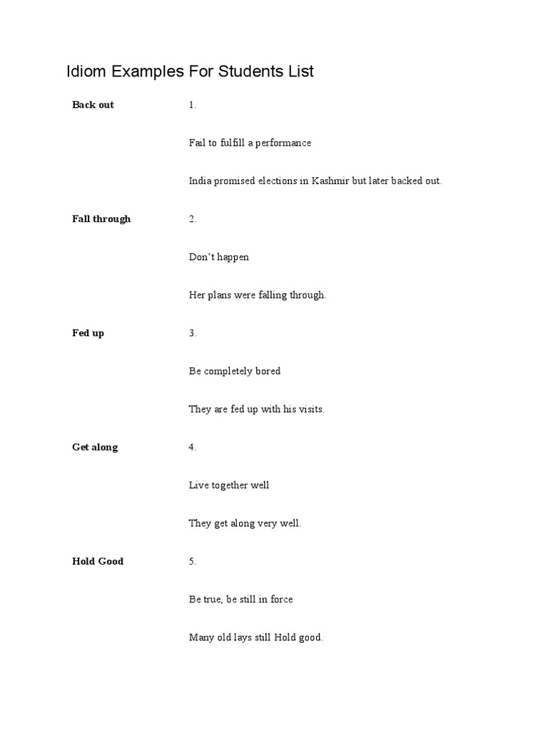 Idiom Examples For Students List | PDF