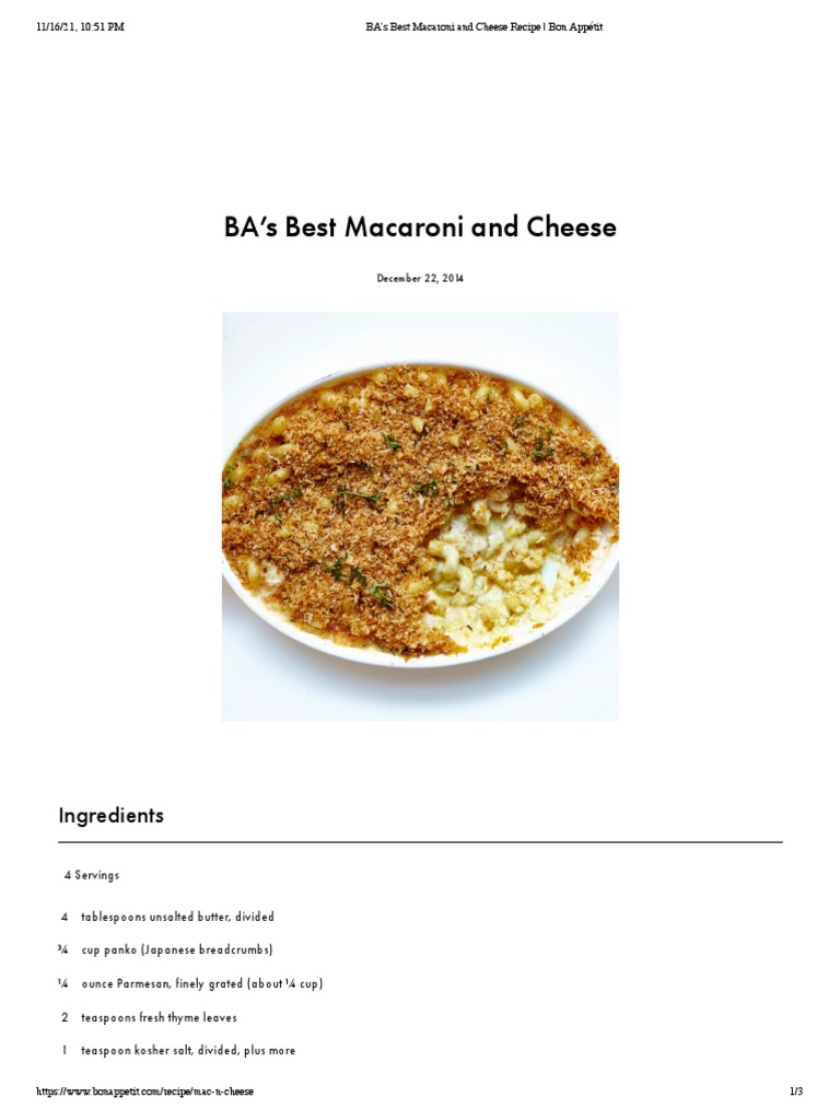 BA's Best Macaroni and Cheese Recipe - Bon Appétit | PDF | Macaroni And ...