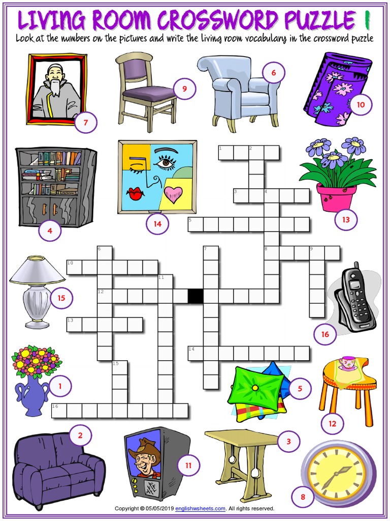 Living Room Vocabulary Esl Crossword Puzzle Worksheets For Kids | PDF ...