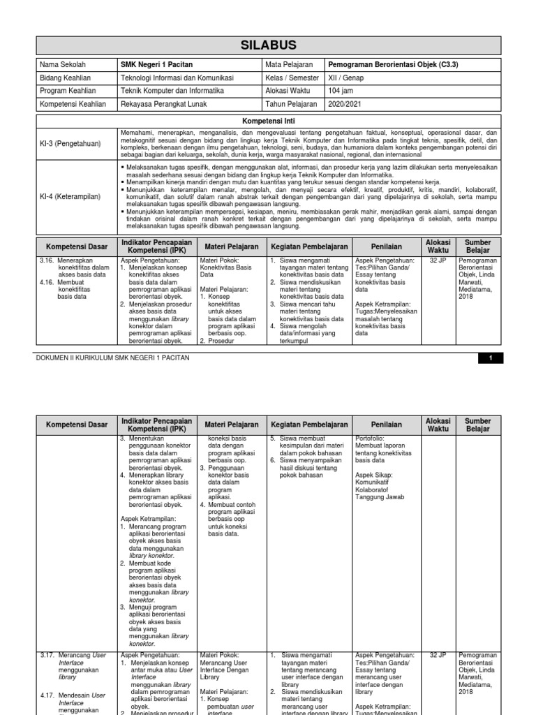 C3.3-SILABUS-XII-GENAP-RPL-Pemograman Berorientasi Obyek | PDF