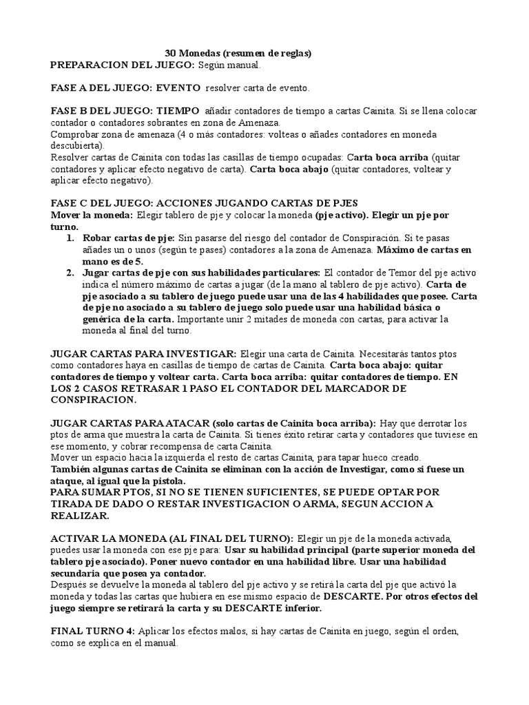 30 MONEDAS Resumen Reglas | PDF | Juego de azar | Juegos de mesa