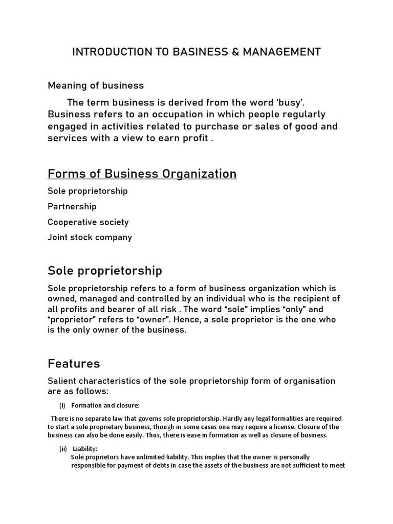 INTRODUCTION TO Business | PDF | Partnership | Sole Proprietorship