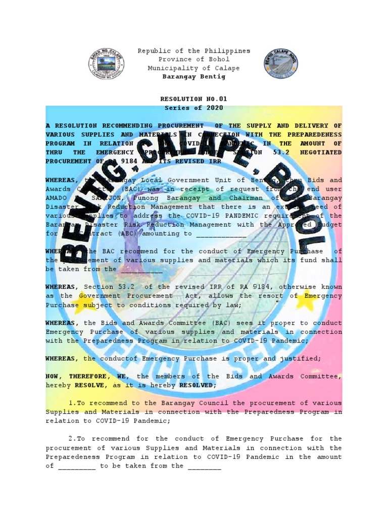 Resolution Recommending Emergency Procurement of Supplies and Materials ...