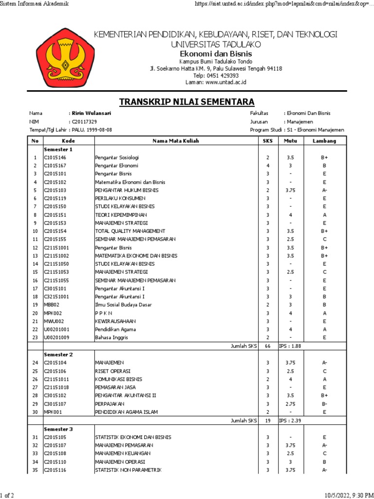 Transkrip Nilai Sementara | PDF