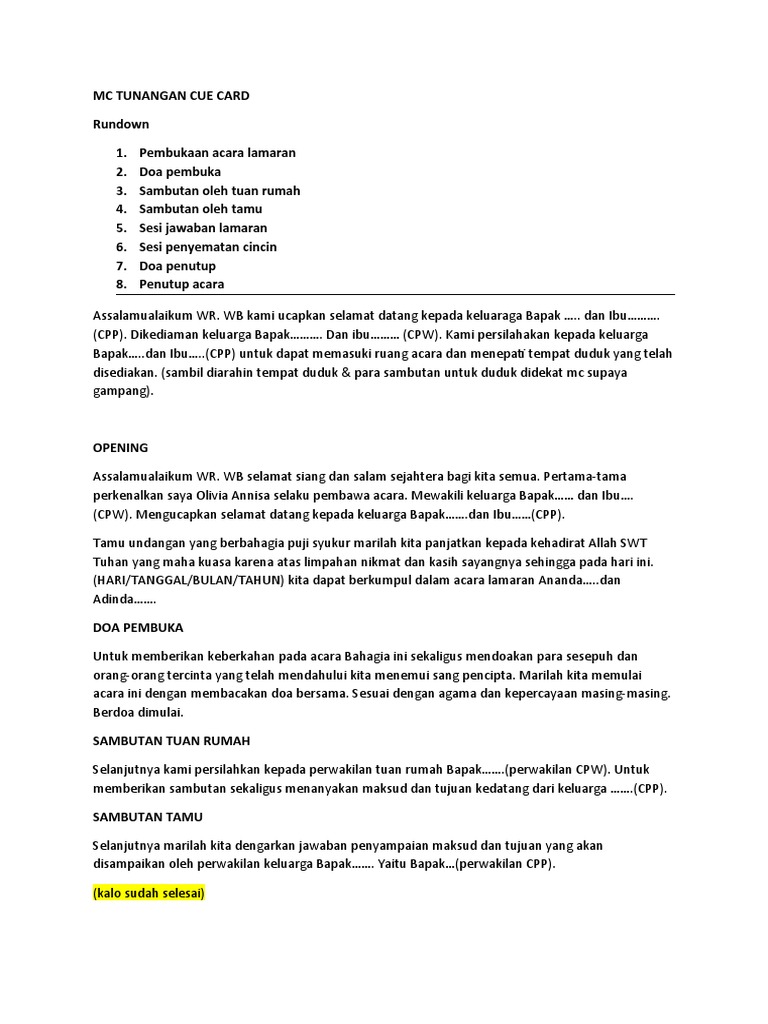 MC Tunangan Cue Card | PDF