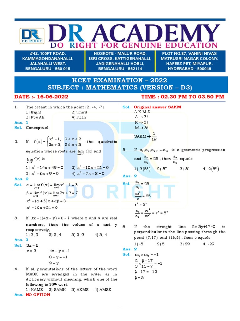 Kcet Maths Answer Key d3 | PDF | Determinant | Functions And Mappings