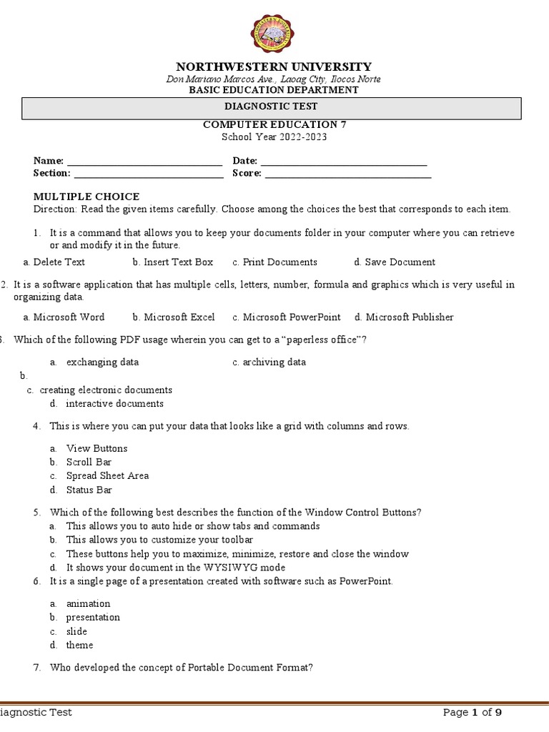 Diagnostic Test Computer 7 | PDF | Microsoft Word | Microsoft Excel