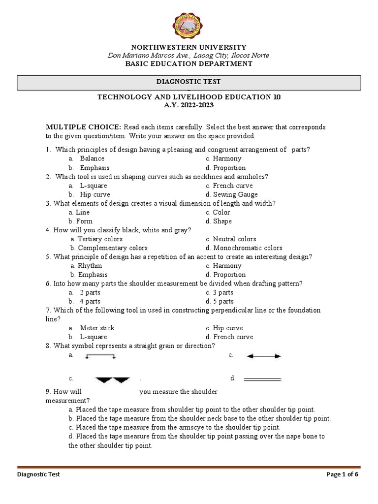 Diagnostic Test in Tle !) | PDF
