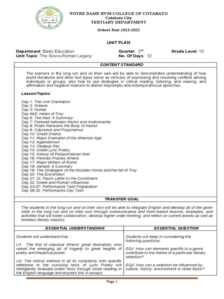 Greco-Roman Legacy Unit Plan for Grade 10 | PDF