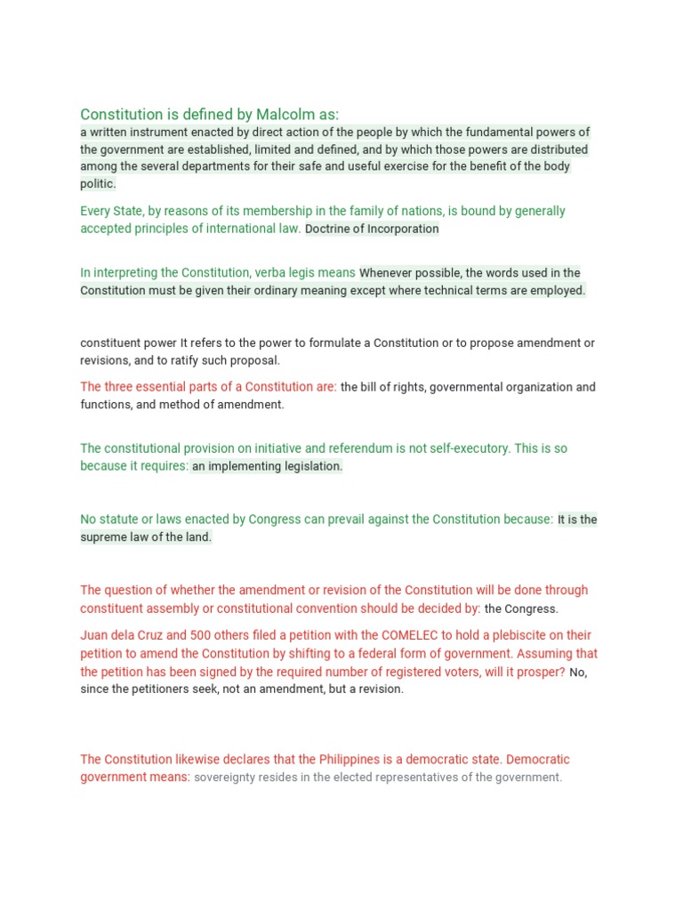 Constitution Is Defined by Malcolm As | PDF | Constitutional Amendment | Constitution