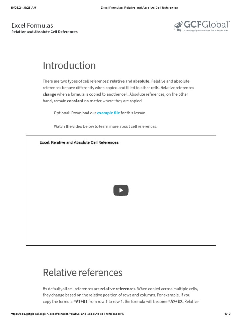 Excel Formulas - Relative and Absolute Cell References | PDF ...