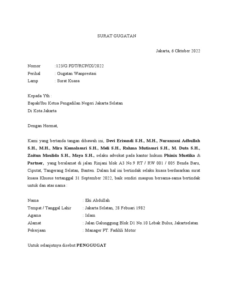Contoh Surat Gugatan Wanprestasi Dalam H 1 | PDF