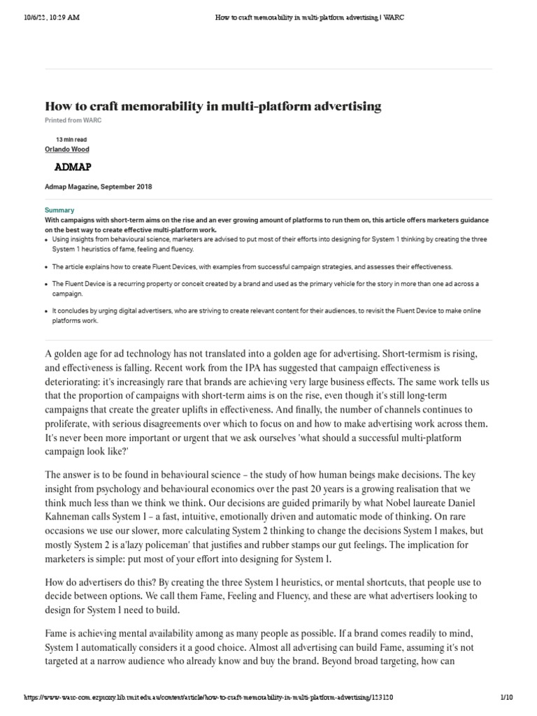 How To Craft Memorability In Multi Platform Advertising Warc Pdf