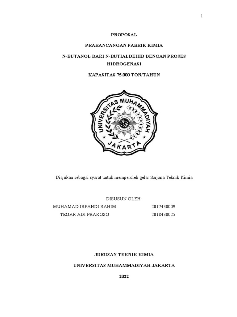 PROPOSAL Pra Perancangan Pabrik N-Butanol Dari N-Butilaldehid Dengan ...