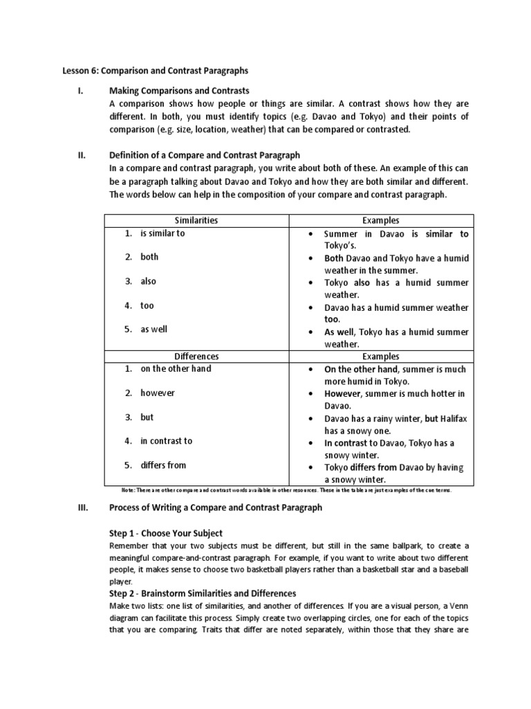 Lesson 6 Comparison and Contrast Paragraph Handout | PDF | Trousers ...