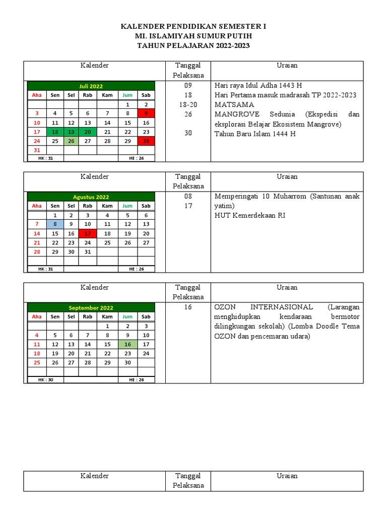Kalender Pendidikan Semester I Dan Ii | PDF