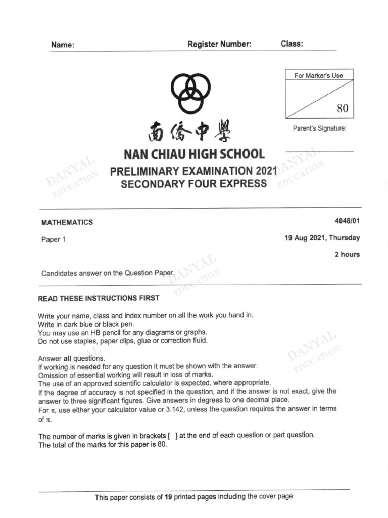 Nan Chiau High Prelim 2021 E Math | PDF | Area | Taxes