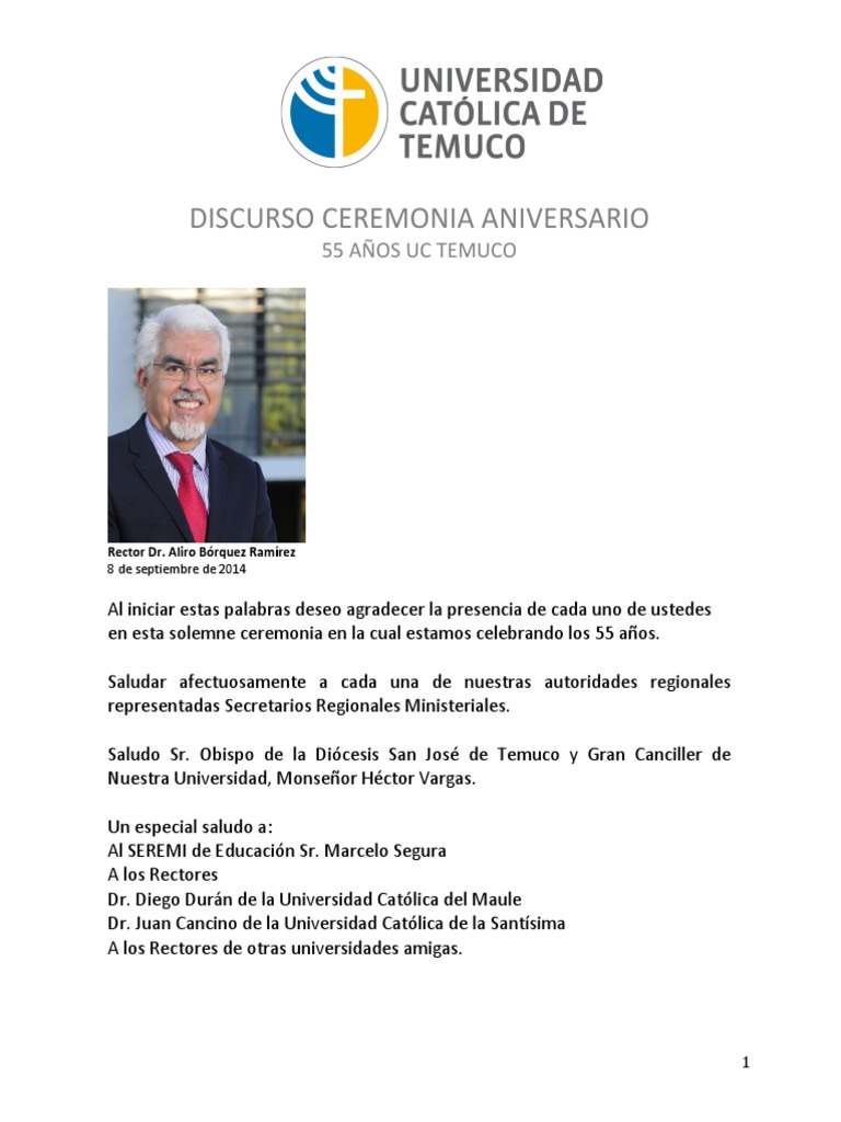 Discurso Rector 55 Uc Temuco | PDF | Educación más alta | Plan de estudios